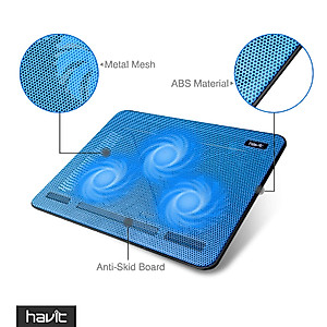 Havit HV-F2056 15.6-17 Inch Laptop Cooler Cooling Pad - Slim Portable USB Powered (3 Fans) (Blue)
