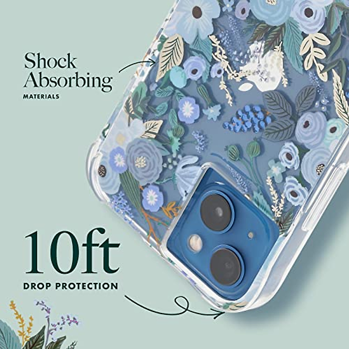 Rifle Paper Co. iPhone 13 Case for Women [10ft Drop Protection] [Wireless Charging] Floral Print Phone Case for iPhone 13, Slim iPhone Case, Anti Scratch, Shock Absorbing Materials -Garden Party Blue