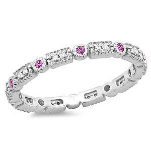 Dazzlingrock Collection 14K Round Pink Sapphire & White Diamond Women Wedding Eternity Stackable Band, White Gold, Size 4.5