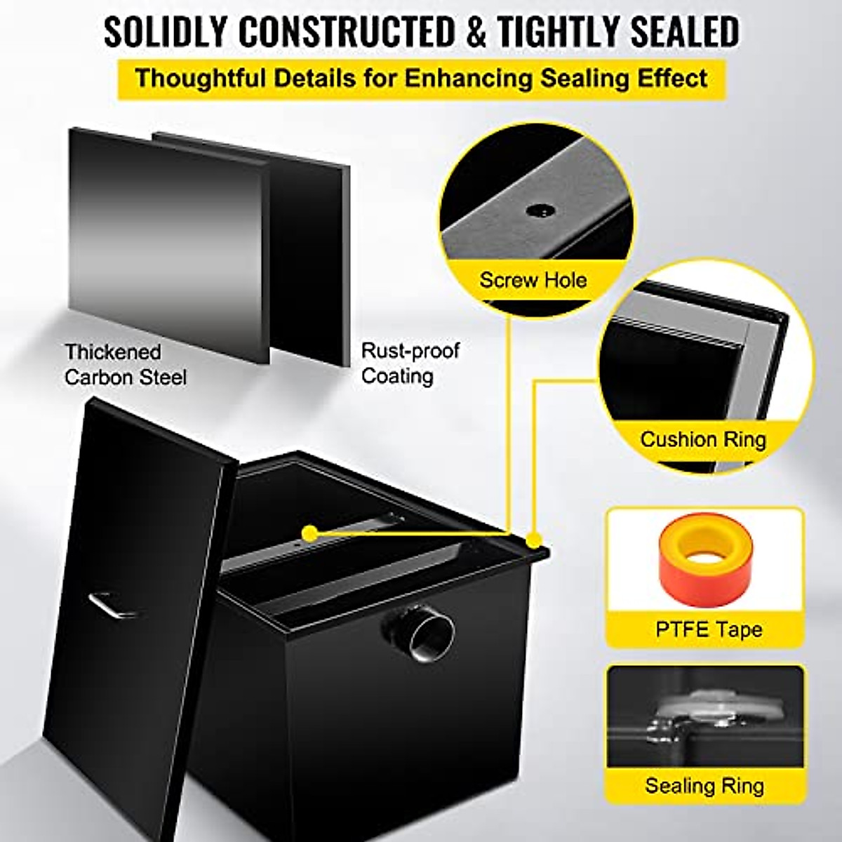 VEVOR Commercial Grease Interceptor 8 LB, Carbon Steel Grease Trap 4 GPM, Grease Interceptor Trap with Side Water Inlet, Under Sink Grease Trap for Restaurant Canteen Factory Home Kitchen