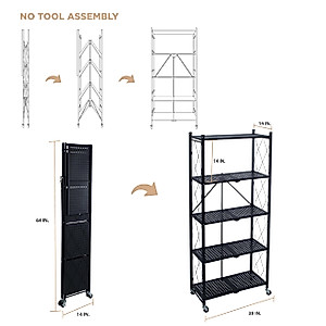 Organize It All Foldable Metal Rack with Wheels | Dimensions: 27.875"x 13.25"x 63.28"| 5 Tier | Holds Maximum 440 Pounds | Home Organization | Black