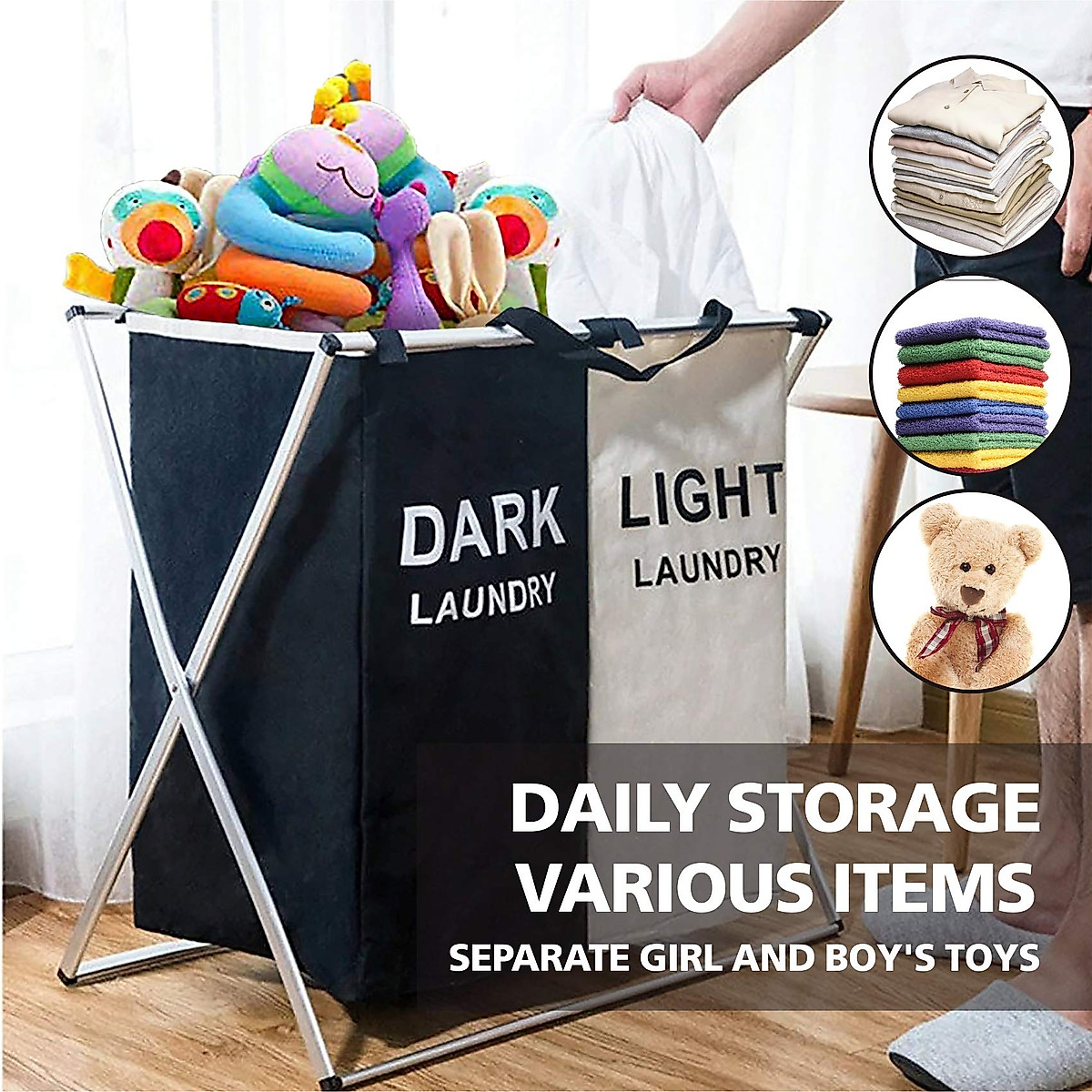 Double Laundry Hamper with Lid and Removable Laundry Bags, 125L Large Foldable Dirty Clothes Organizer Storage Bag with Handle and Aluminum Frame for Home Bathroom Dorm