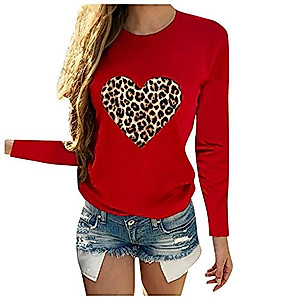 Womens Oversized Leopard Love Printed Sweatshirts Long Sleeve Cozy Breathable T-Shirts Heart-Shape Winter Warm Pullovers Red