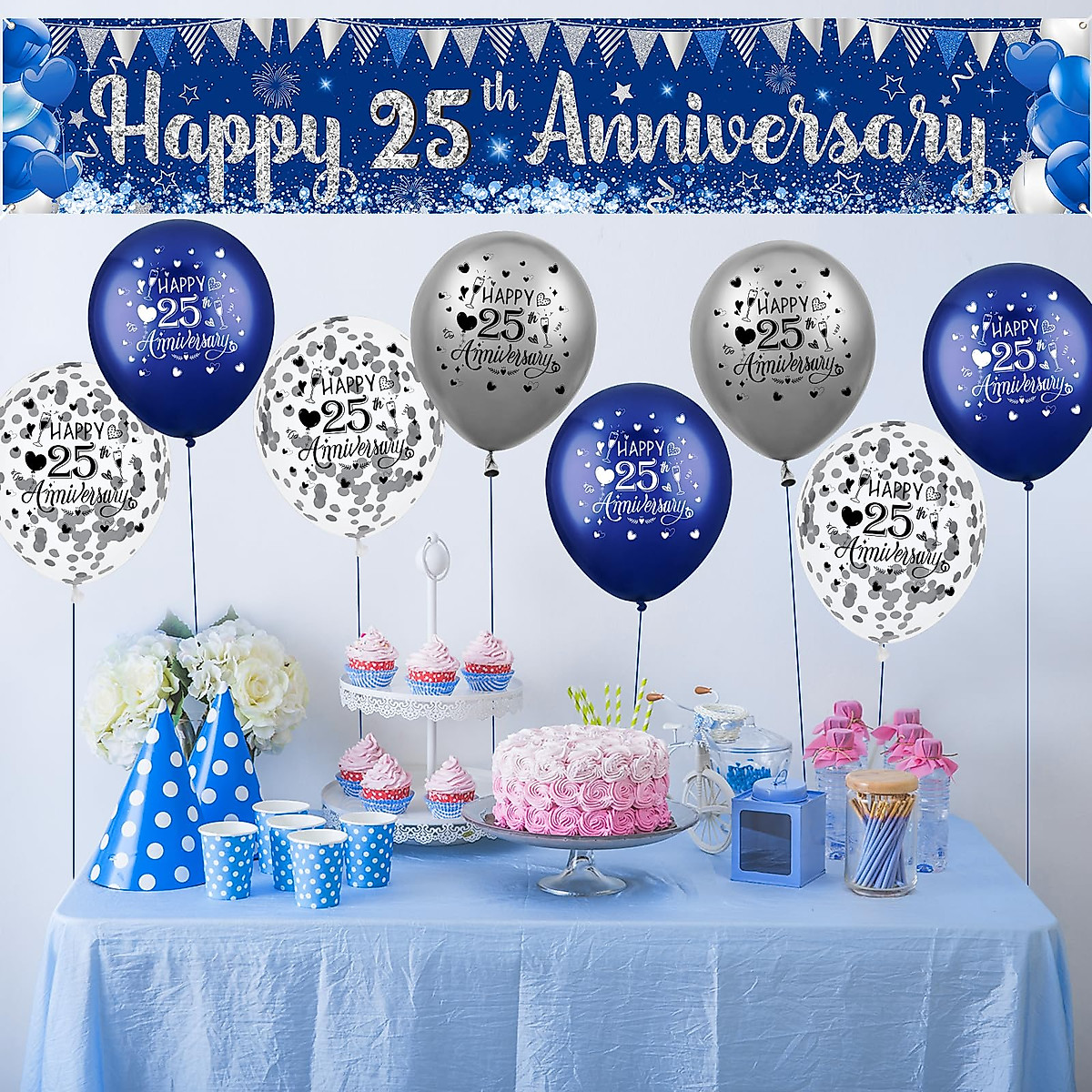 Blue Silver 25th Anniversary Decorations for Men Women, Blue Silver Happy 25th Anniversary Banner 18pcs Navy Blue 25th Anniversary Balloons for 25th Silver Wedding Anniversary Decoration Supplies