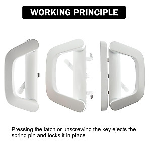 Sliding Patio Door Handle Set with Key and Mortise Lock ,(White ) Replacement Glass Sliding Door Lock Thickness from 0.75in to 1.4in, 4-15/16" Screw Hole Spacing，Reversible Design，Keyed，Lock Outside