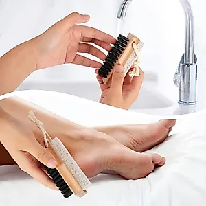Foot Scrubber Brush with Pumice Stone for Feet Hands, Wooden Cleaning Fingernail Scrub Brush, Finger Toes Nails Cleaner Brushes with Stiff Bristles for Scrubbing Fingernails 2 in 1 Manicure Pedicure