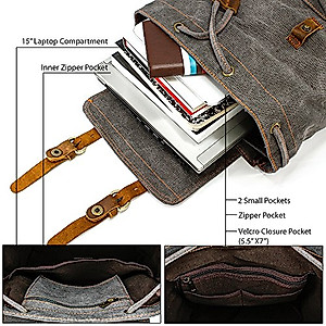 GEARONIC 21L Vintage Canvas Backpack for Men Women Leather Rucksack Knapsack 15 inch Laptop Tote Satchel College Military Army Shoulder Rucksack Hiking Bag-Gray