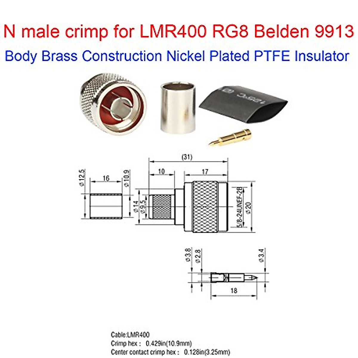 N Connectos Male Crimp Connector 50 ohm for LMR400 Belden 9913 RG8 Pack of 5 Piece