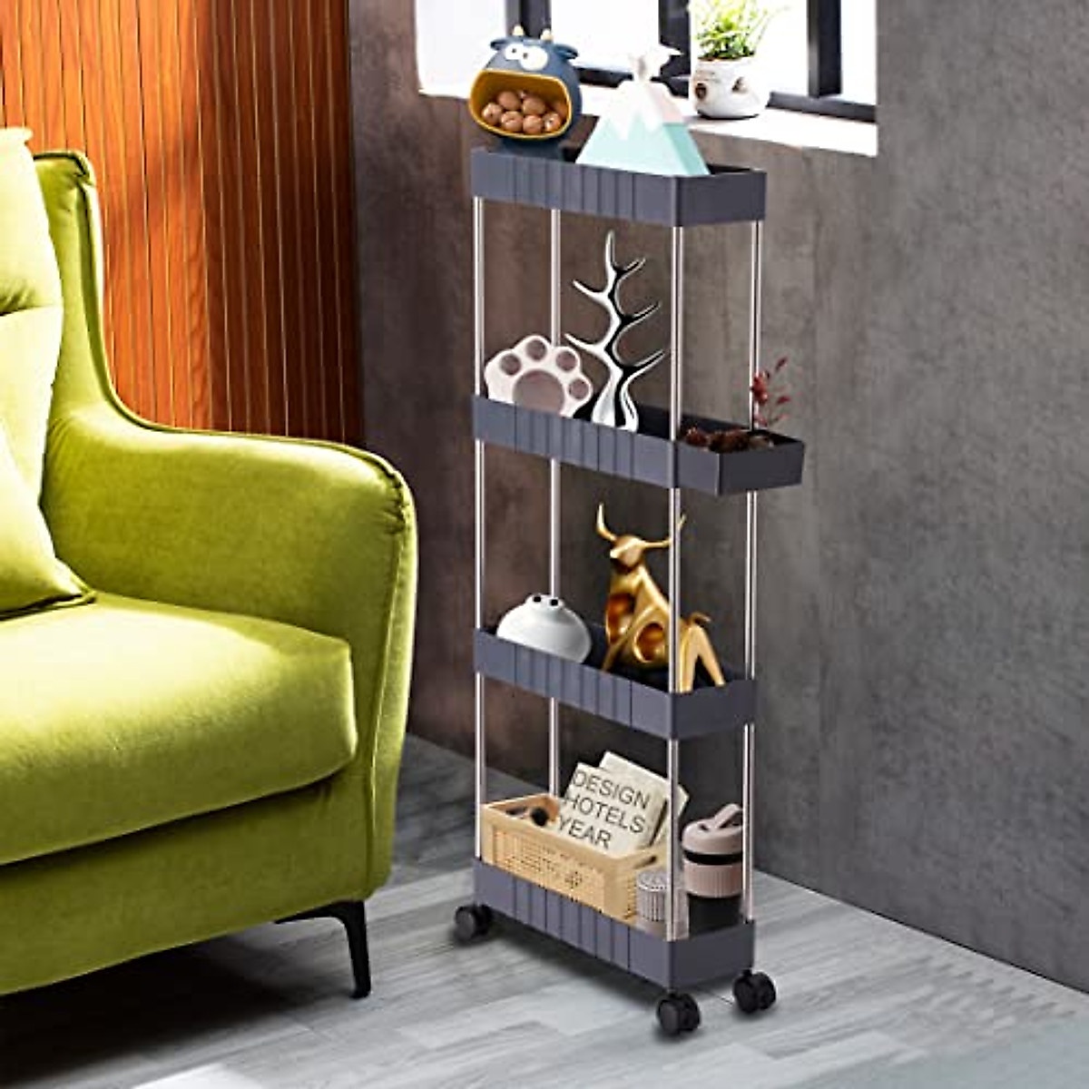 L&H UNICO 4-Tier Slim Rolling Storage Cart Small Kitchen Mobile Shelving Unit Organizer Perfect for Tight Spaces with Little Storage Basket, Gray