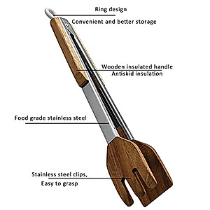 COMUSTER Acacia wood food clip is special for steak&BBQ, with hanging hole design, wooden heat insulation handle, stainless steel clip, easy to grasp, and can handle all kinds of food