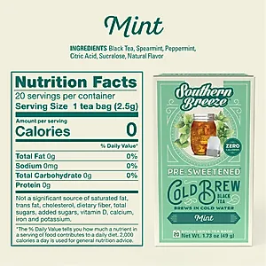 Southern Breeze Cold Brew Sweet Tea Mint Iced Tea with Black Tea and Zero Carbs Zero Sugar, 20 Individually Wrapped Tea Bags (Pack of 4) Southern Sweet Tea Iced Tea Beverage