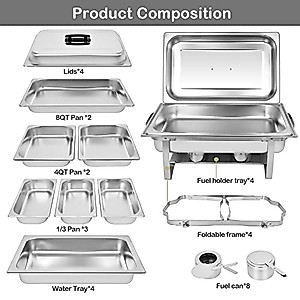 ORNKAT Chafing Dish Buffet Set[4 Pack] 8QT Stainless Steel Buffet Chafers,Catering Food Warmers Set With 7 Trays