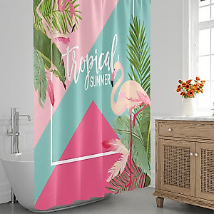 bisibuy Tropical Flowers Flamingo Shower Curtain 72x72 Inches Washable Polyester Fabric Curtains Shower Set with Hooks Bright Pink Turquoise Shower Curtains for Bathroom, Guest Bath, Stalls and Tubs