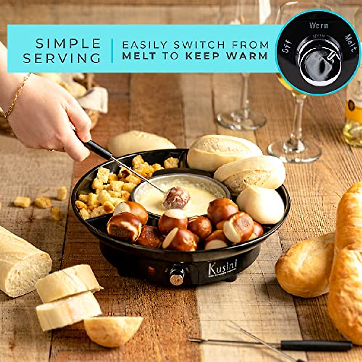 Kusini Electric Fondue Pot Set - Chocolate Fondue Kit - Temperature Control, Detachable Serving Trays, & 4 Roasting Forks - Gift Set & Date Night Idea. Serve at Movie Night or Game Night.