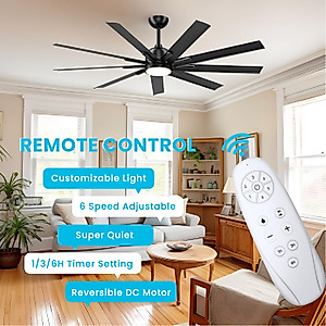 CJOY 62 inch Aluminium Ceiling Fan with Lights, Outdoor Black Ceiling Fan Light with Remote Control, 9 Blades Reversible DC, Dimmable LED Light Fan for Bedroom