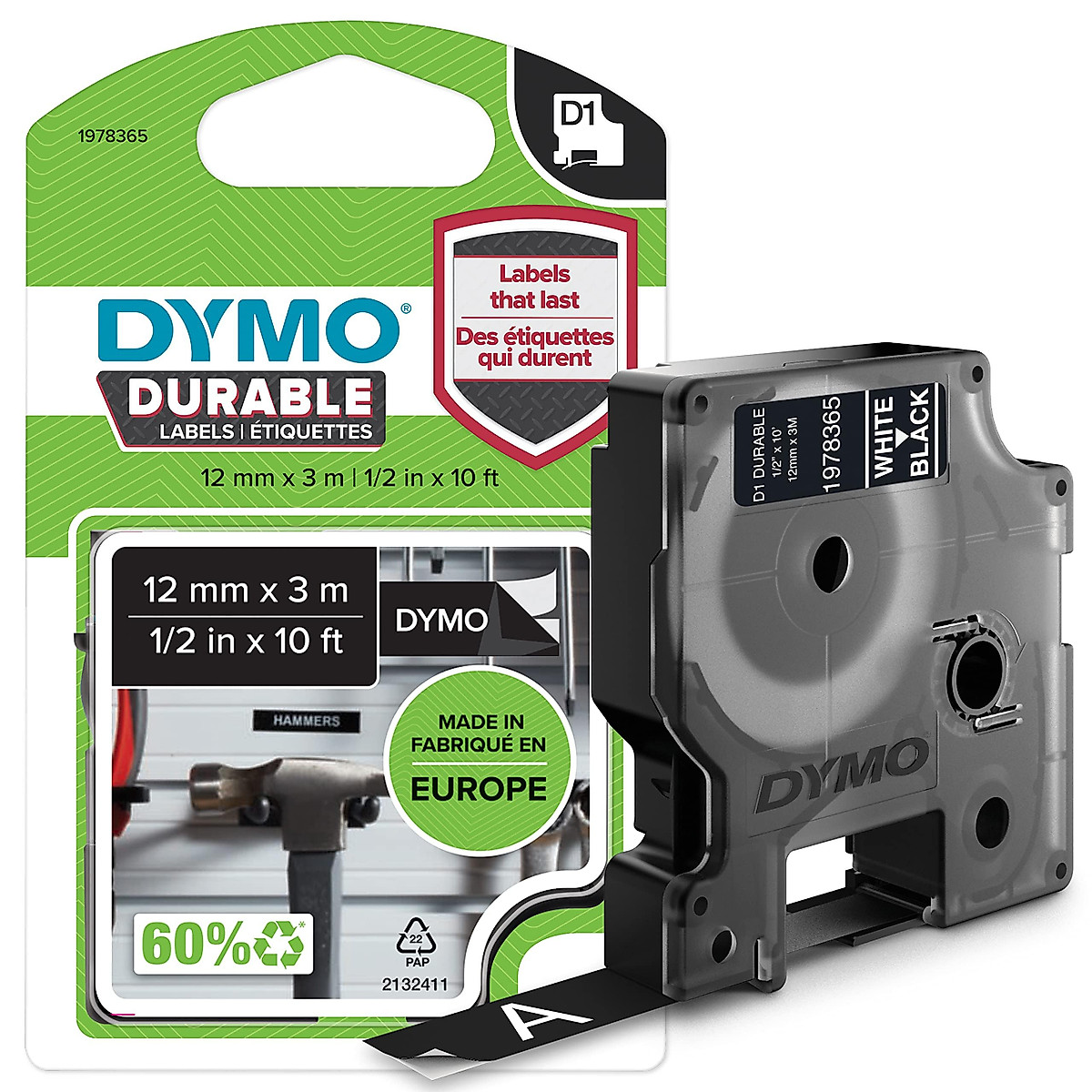 DYMO D1 Durable Labeling Tape for LabelManager Label Makers, White Print on Black Tape, 1/2" W x 10' L, 1 Cartridge (1978365)