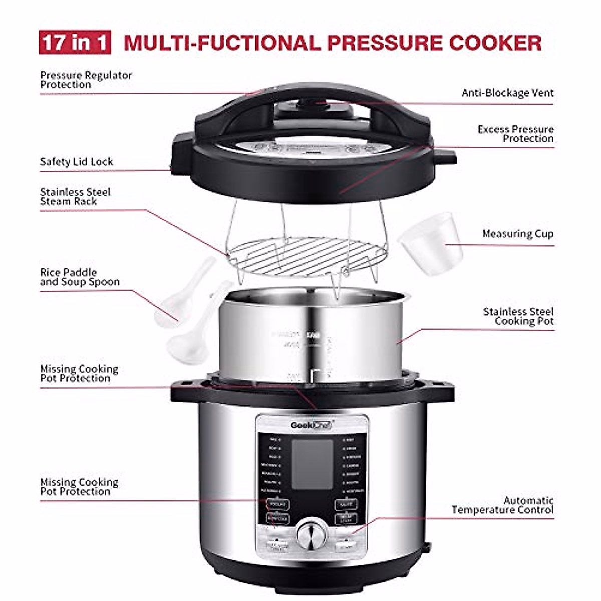Geek Chef 6 Qt 17-in-1 Multi-Use Electric Pressure Cooker Stainless Steel Inner Pot Programmable LCD Display Digital Slow Cooker, Rice Cooker, Yogurt Maker, Egg Cooker, Sauté, Steamer, Warmer