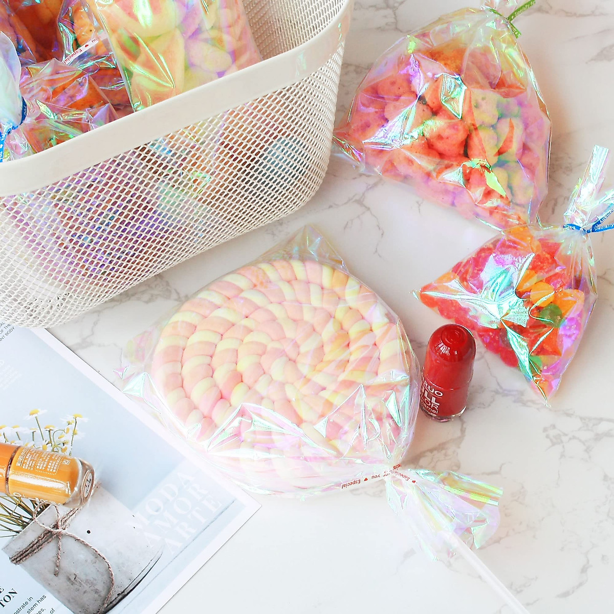 JESTAR Cellophane Treat Bags, 100PCS 5x7 Treat Bags with Ties Goodie Bags Iridescent Cellophane Bags Party Favor Bags for Kids Birthday Party Favors, Valentines Easter Halloween Weddings Baby Shower