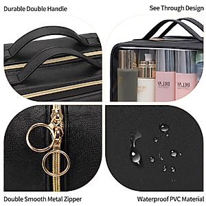OCHEAL Makeup Bag, Double Layer Cosmetic Bag, Large Capacity New Look Clear Cosmetic Case for Women Travel Beauty Essentials, Multiple Compartments Makeup Case Organizer Zipper Pouch -Black