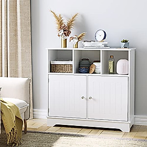 HORSTORS Floor Storage Cabinet, Linen Freestanding Bathroom Cabinet, Side Accent Cabinet with Doors and 3 Open Cubes for Home Office, 31.4" L x 11.8" D x 29.1" H, White