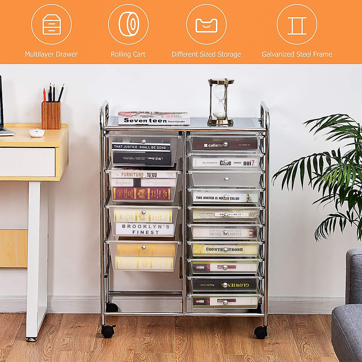 Byroce 15-Drawer Storage Rolling Cart, Mobile Classroom Craft Organizer for Art Supplies, Tools & Paper, Multipurpose Storage Cart on Wheels for School, Home Office (Clear)