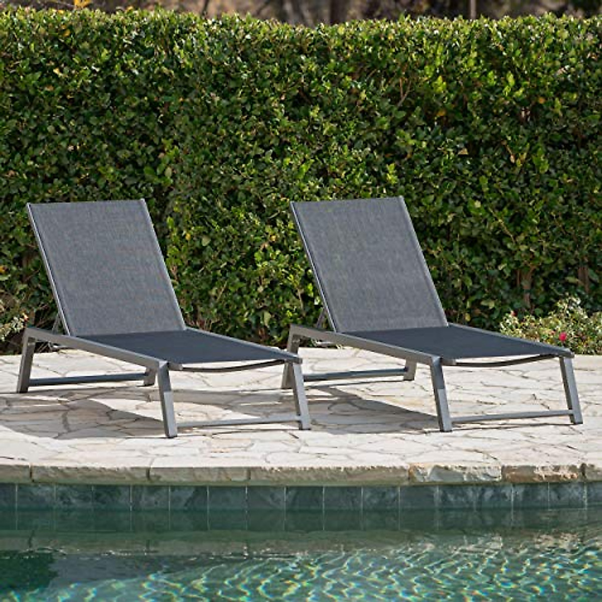 Christopher Knight Home Myers Outdoor Mesh Chaise Lounges with Aluminum Frame, 2-Pcs Set, Black Mesh / Grey