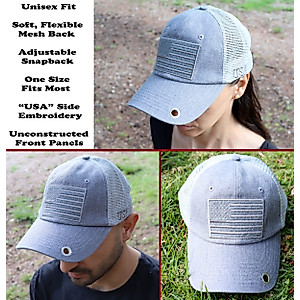 Antourage American Flag Unconstructed Hat for Men and Women Twill Mesh Snapback Baseball USA Flag Cap + 2 Patriotic Patches ((52) Grey Classic Mesh Snapback with Keyhole)