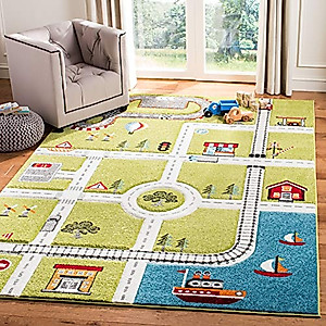 SAFAVIEH Carousel Kids Collection 5'3" x 7'6" Green / Ivory CRK192Y Neighborhood Nursery Playroom Area Rug