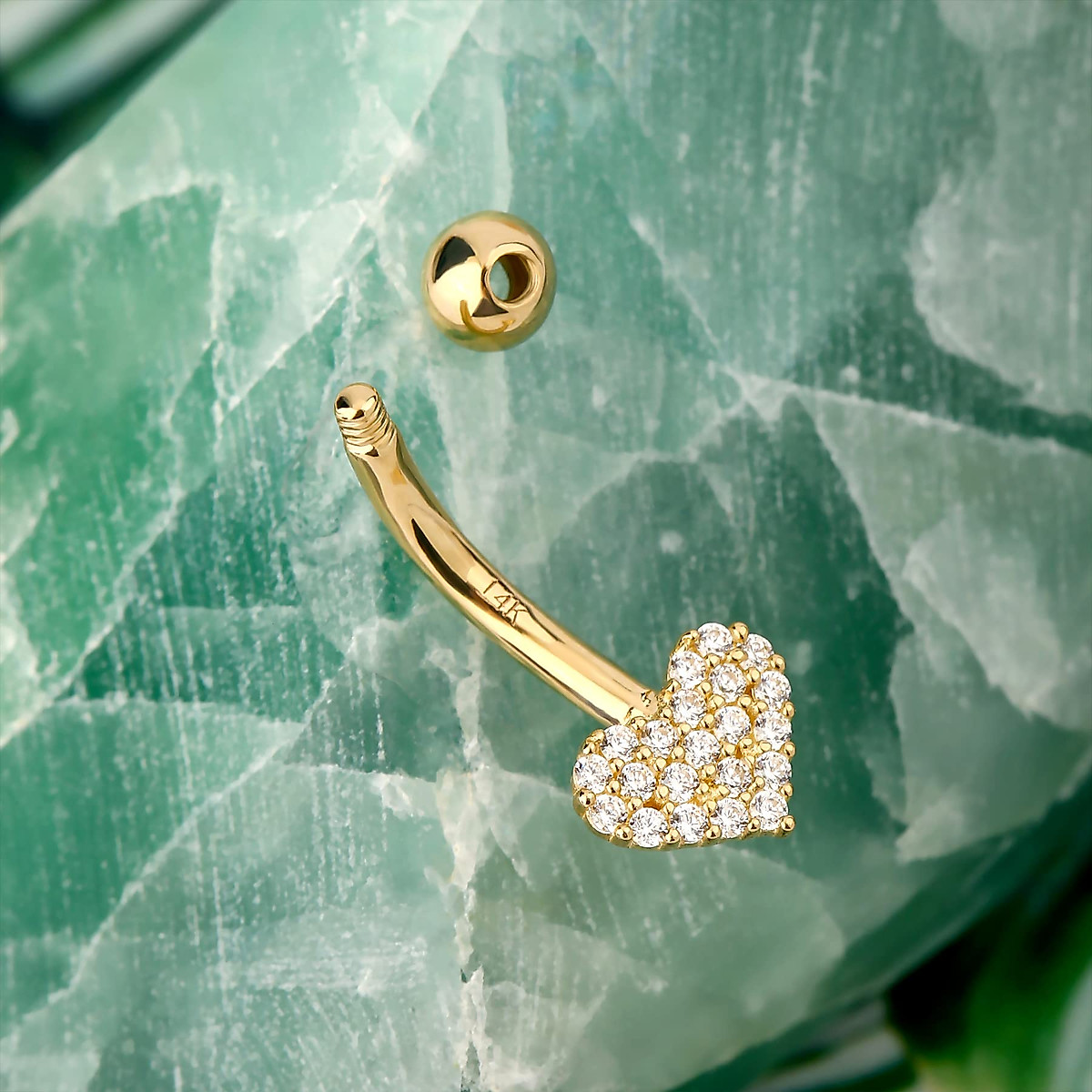 COCHARM 14k Solid Gold Heart Belly Rings 14g Paved Diomond Real Gold Belly Button Rings 14k Gold Belly Piercing Jewelry for Women