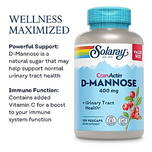 Solaray D-Mannose with CranActin Cranberry Supplement 400mg, Urinary Tract Health & Bladder Support Capsules with Vitamin C, Vegan, 60 Day Guarantee, 75 Servings, 150 VegCaps