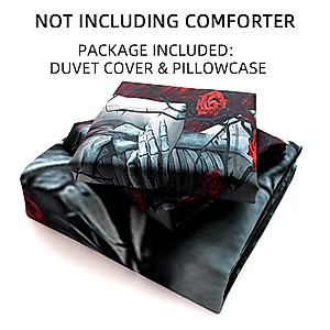 Skull Halloween Duvet Cover King - Love Never Dies Duvet Cover with 2 Pillowcases, Fun Image of Vibrant Colors, Zipper Closure, Super Soft, ZHH