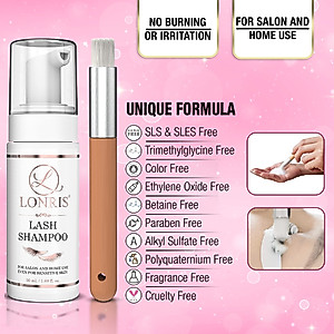2 in 1 Eyelash Extension Shampoo & Mascara Remover/LONRIS Eyelid Foaming Cleanser/Extensions and Natural Lashes Safe Foam/False Eyelashes Makeup Wash/Paraben & Sulfate Free/Personal and Salon Use 50ml