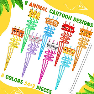 24 Pieces Jungle Animal Plastic Straws Reusable Drinking Straws Jungle Safari Straws Woodland Party Favor Kids Cute Straws with 2 Cleaning Brushes for Baby Shower Birthday Party Supplies, 8 Styles