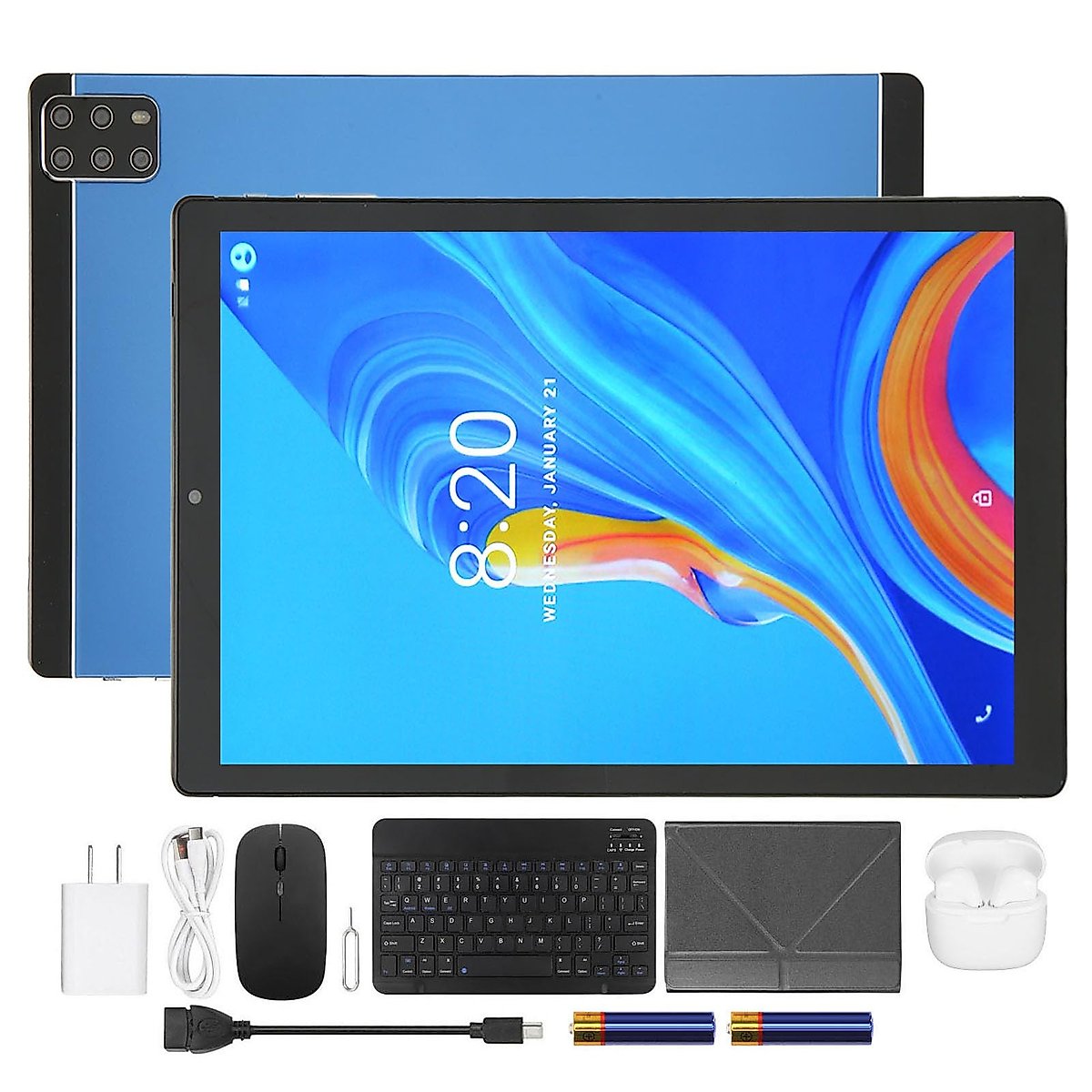 10.1 Inch Tablet for Android 12, 2 in 1 Tablet with Earphones Keyboard Mouse, 5G WiFi 6GB RAM, 128GB ROM, 20+50MP Dual Camera, High Performance Deca Core CPU (US Plug)