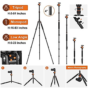 Tripod for Camera, 81" Camera Tripod Stand, 83 inches DSLR Tripods & Monopods, Heavy Duty Travel Tripod for Binoculars Laser Level Spotting Scope Telescope, Professional Complete Tripod Units