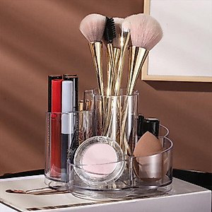 LINFIDITE 360 Rotating Makeup Organizer Spinning Cosmetic Display Cases with 5 Compartment Acrylic Clear Round Turntable Storage Tray Bathroom Counter Organizer Makeup Brush Lip Gloss Organizer Case