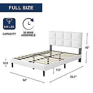 Molblly Full Size Bed Frame Upholstered Platform with Headboard, Strong Frame and Wooden Slats Support, Linen Fabric Wrap, Non-Slip and Noise-Free,No Box Spring, Easy Assembly, Off-White