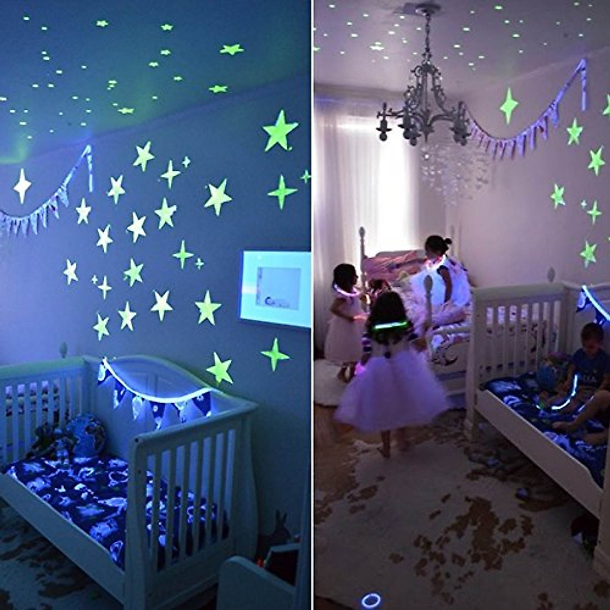 Glowing in the Dark Stars Wall Stickers - Glowing Reusable Ceiling Decors of 220 Stars and 1 Moon Set for Kids Bedding Rooms or Birthday Party
