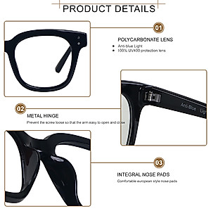 ANDWOOD Blue Light Blocking Glasses Women Computer Screen Oversized Bluelight Blocker for Big Heads Anti Eye Strain Square Black Crystal Frame