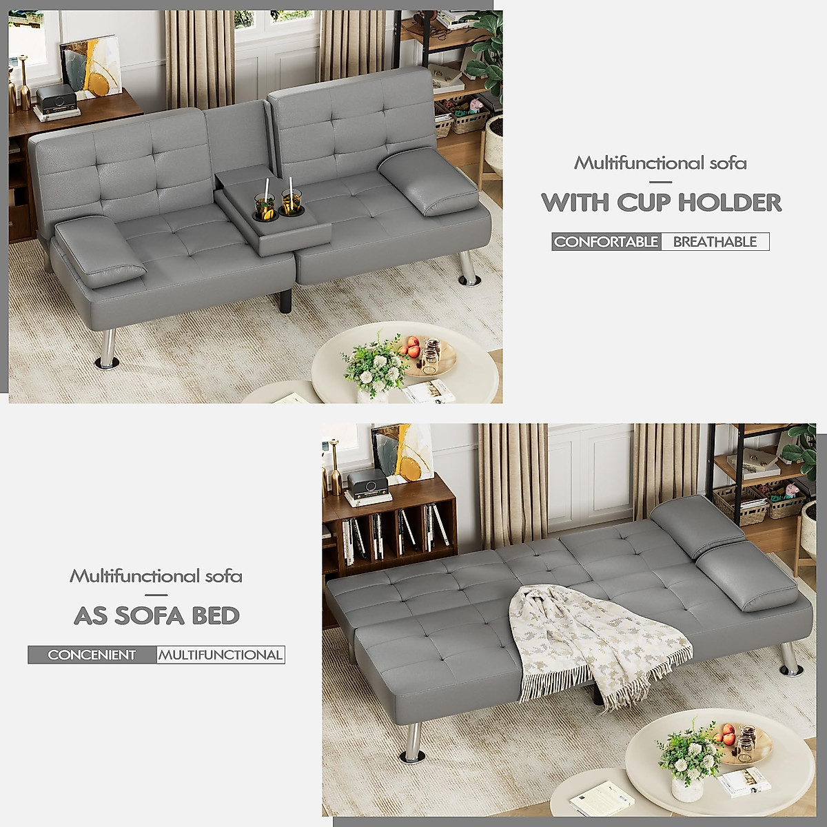 JUMMICO Faux Leather Futon Sofa Bed Futon Couch with Removable Armrests Adjustable Sleeper Sofa Bed with 2 Cup Holders for Living Room (PU Leather, Grey)