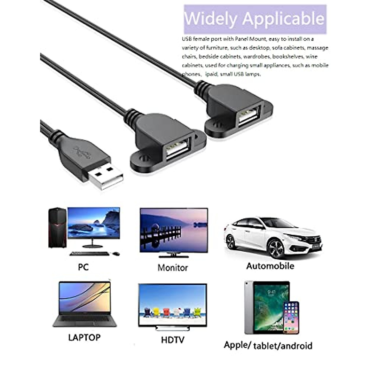 Guo USB Charging Extension Cable Male to Dual Female, USB 2.0 Charging Port 1 to 2 Panel Mount with Screw Hole, Used for Furniture/Mobile Phones/Portable Power and More(5FT/1.5m)