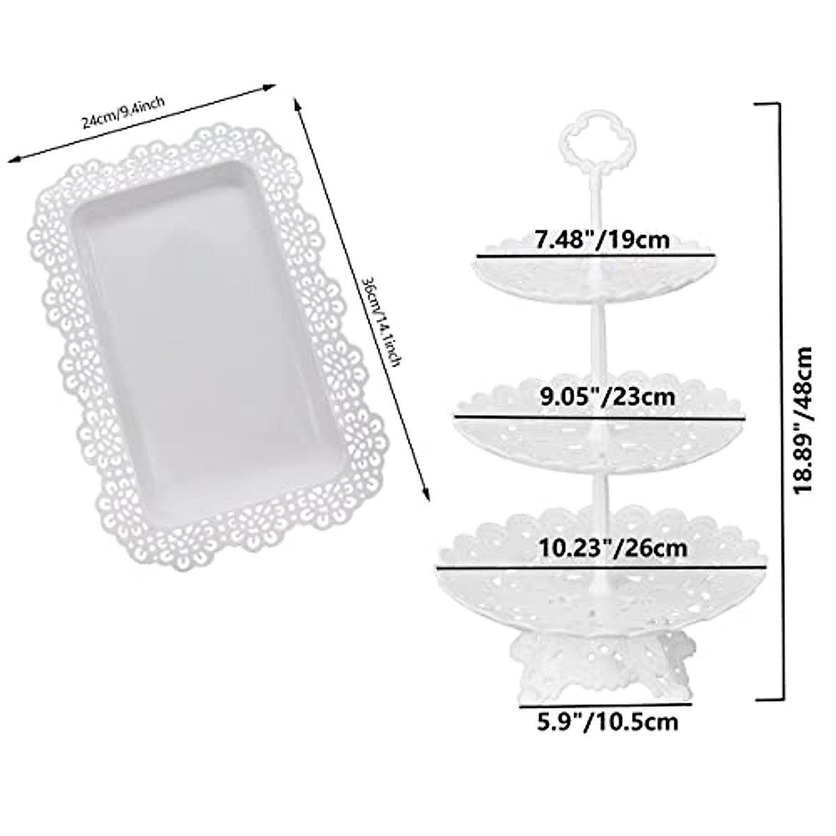 Set of 4 Dessert Stand Set, 3 Tiers White Plastic Cupcake Stand Holder & Rectangle Plastic Party Serving Trays/Platters for Wedding Birthday Baby Shower Tea Party Buffet (Round+Rectangular Type A)