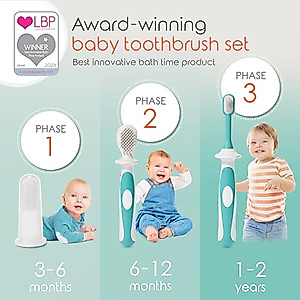 Cherish Baby Care Award-Winning Baby Toothbrush Set (3-24 months) - Baby Finger Toothbrush, Training Toothbrush & Toddler Toothbrush - BPA-Free Infant Toothbrush Set, Baby First Toothbrush Set (Teal)