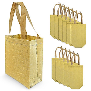 Gold Gift Bags - 12 Pack Medium Reusable Gift Bag Tote with Handles, Holographic Glitter Design, Eco Friendly for Christmas & Holiday Gifts, Birthday, Wedding & Party Favors, in Bulk - 8x4x10