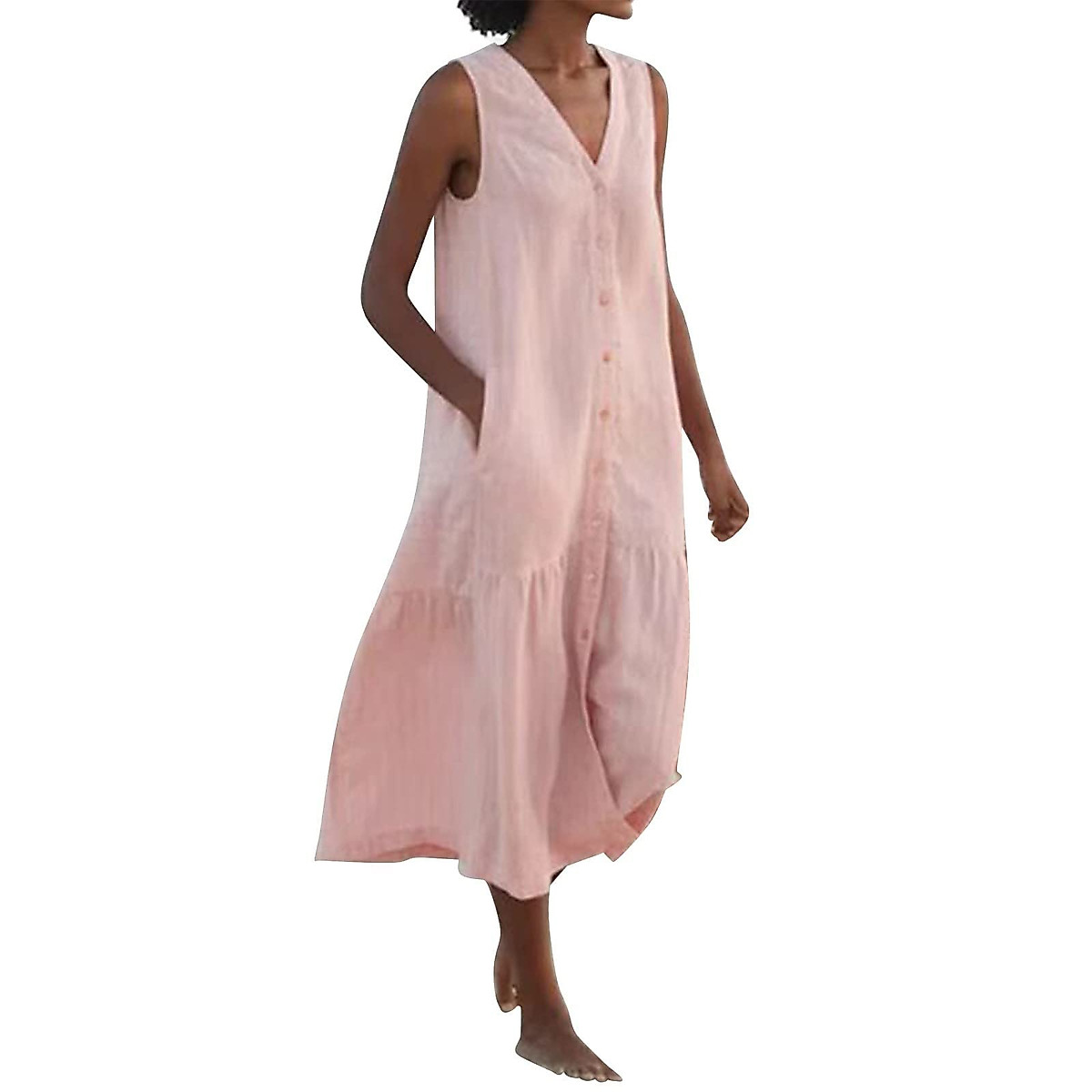 Women Summer Cotton Linen Dress Sleeveless Button Up V-Neck Loose Long Dress with Pockets Vacation Long Dress