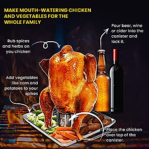 Sheshapho BBQ Beer Can Chicken Roaster Stand - 4 Vegetable Spikes - Stainless Steel Vertical Roasting Holder - for Grill, Oven or Smoker - Complete with Silicone Brush and Pair of Silicone Grips