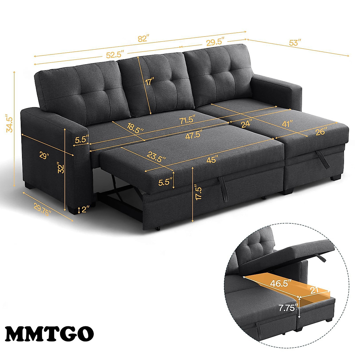 MMTGO 82" L-Shape Reversible Linen Sleeper Sectional Sofa, with Pull Out Bed, Storage Chaise and Arms, Corner Couch for Apartment, Dorm, Living Room