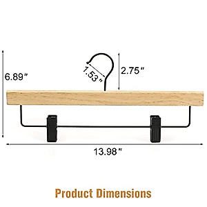 TOPIA HANGER Pants Hangers 10 Pack, Wooden Clothes Hangers with Black Clips and Rotatable Hook, Durable Natural Rubber Wood Hangers for Skirts, Pants, Jeans, Shorts - CTS02N