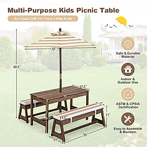 Kids Picnic Table Set with Benches and Umbrella, Foldable Wooden Table and Chair Set for Indoor and Outdoor Use, Playroom Furniture for Toddlers, Children, Baby (Brown)