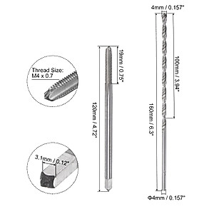 uxcell Tap & Bit Sets, M4 x 0.7 H2 Straight Flute Machine Thread Milling Tap 120mm Extra Long, 4mm High Speed Steel (HSS) Twist Drill Bit